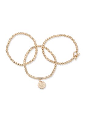 Chaps Gold Tone Set of 3 Logo Stretch Bracelets | belk