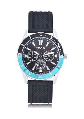 IZOD IZOD Black Textured Silicone Strap Watch with Aqua Accent Bezel | belk