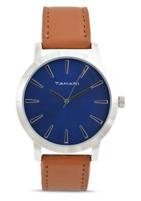 Tahari Tahari Adult Mens Analog Watch with Silver Case Blue Dial and Brown Strap Model# TAH60004 ...