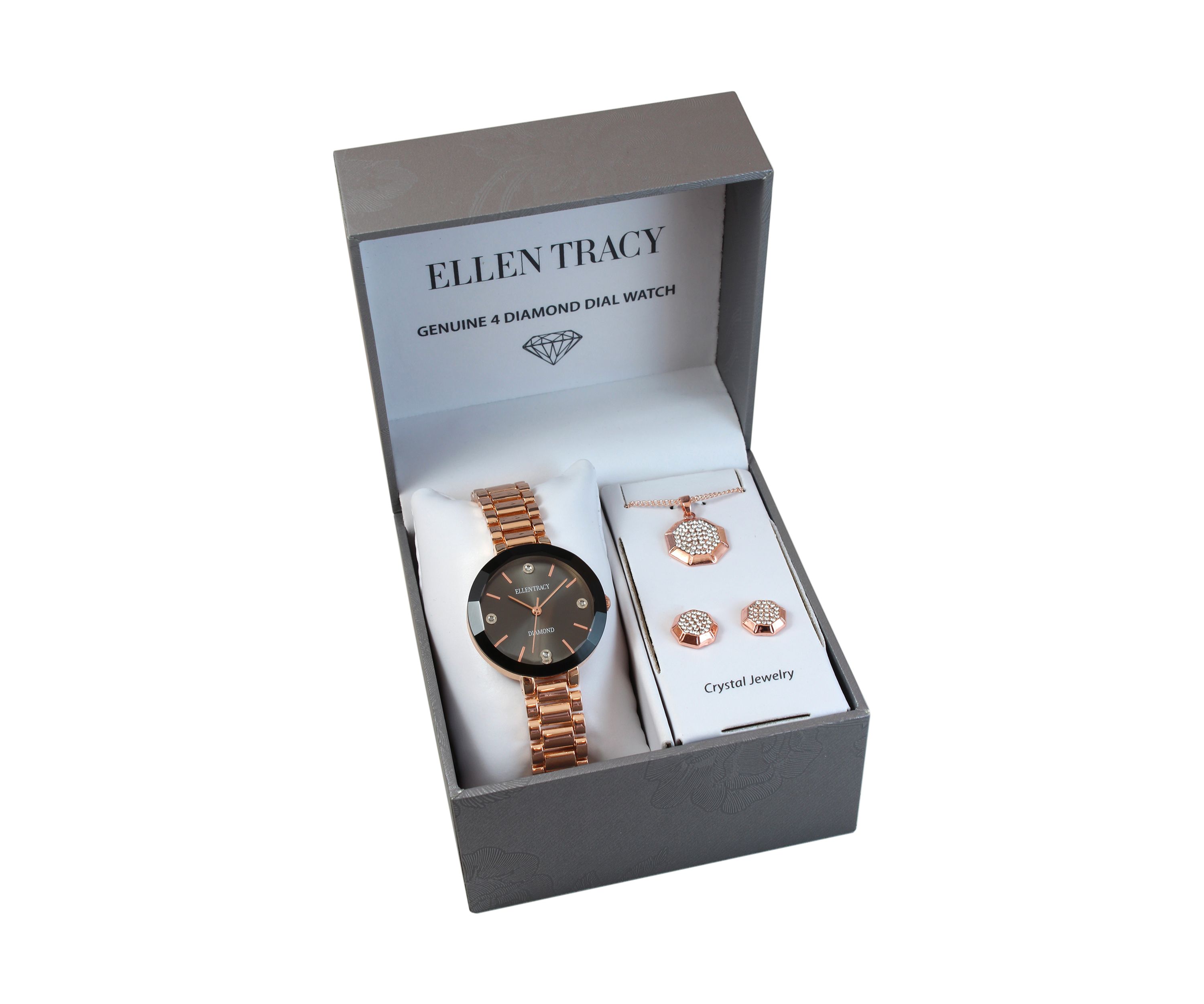 Ellen Tracy Rose Gold Tone Genuine Diamond Watch and Crystal Jewelry ...