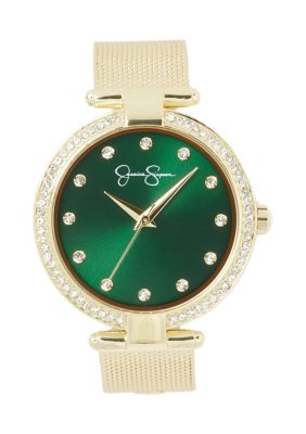 Jessica Simpson Gold Tone Green Dial 38 Millimeter Mesh Bracelet Watch ...