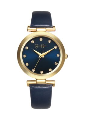 Jessica Simpson Gold Tone Metalized Bezel Navy Strap Watch | belk