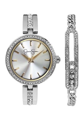 Jessica Simpson Silver Tone Crystal Bracelet and Watch Set | belk