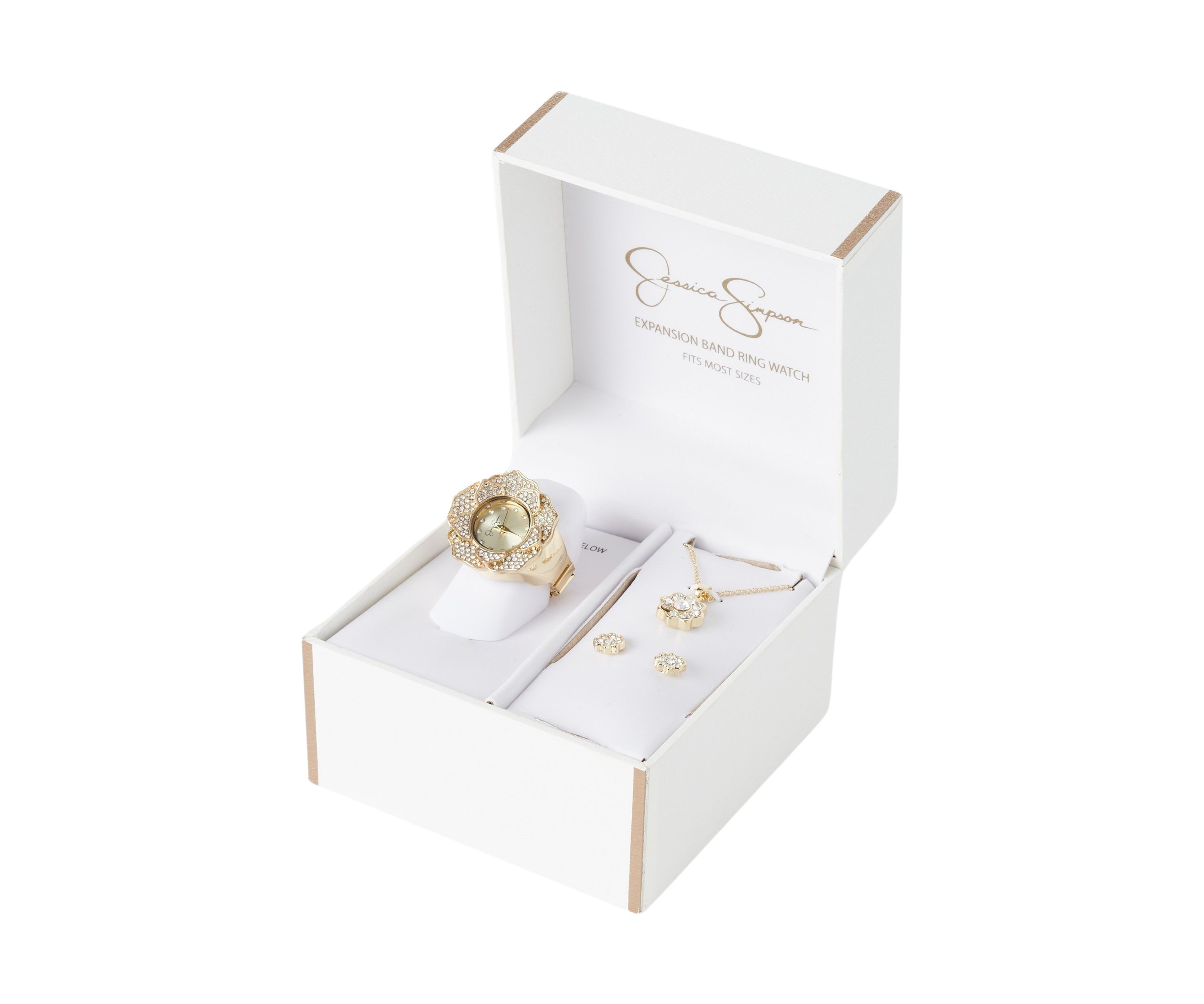 Jessica Simpson Crystal Flower Watch Ring Set | Belk