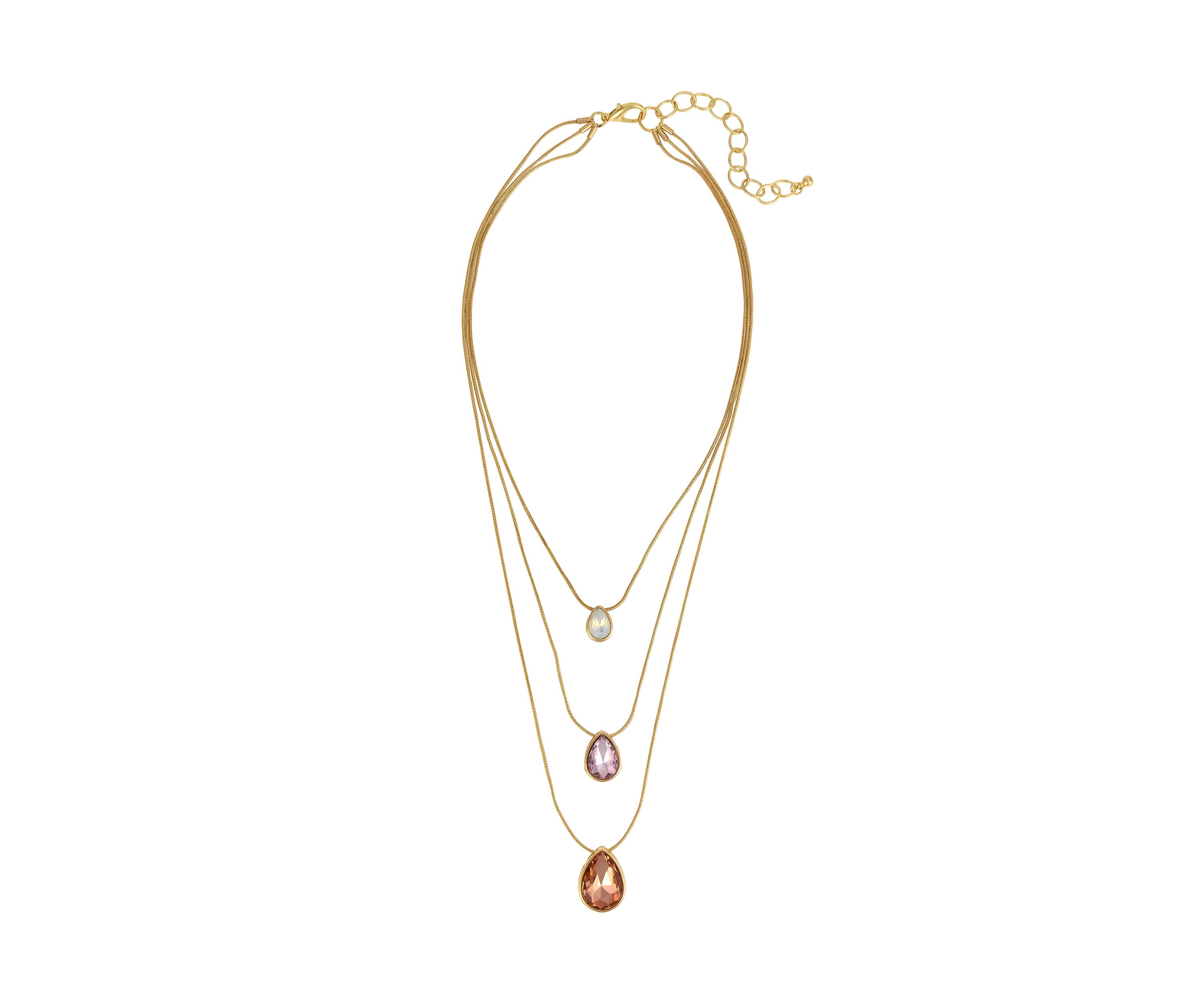 evie & emma Gold Tone 3 Row Layered with Pink Multi Teardrop Stone ...