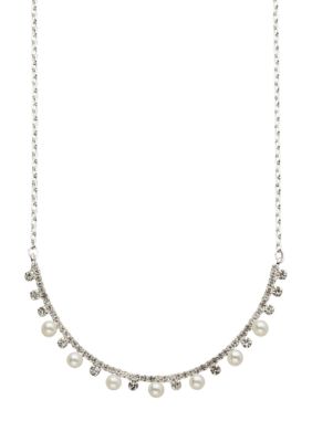 Belk Silver Tone Pretty Pearl Crystal Curved Bar Necklace | belk