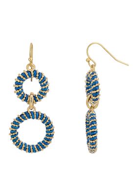 Wonderly Gold Tone Blue Thread Wrapped Double Open Ring Drop Earrings ...