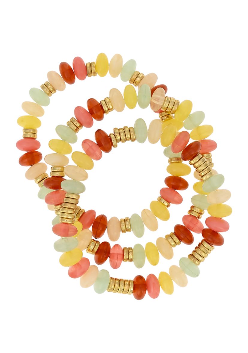 Wonderly Gold Tone Three Row Multi Colored Beaded Stretch Bracelet Set ...