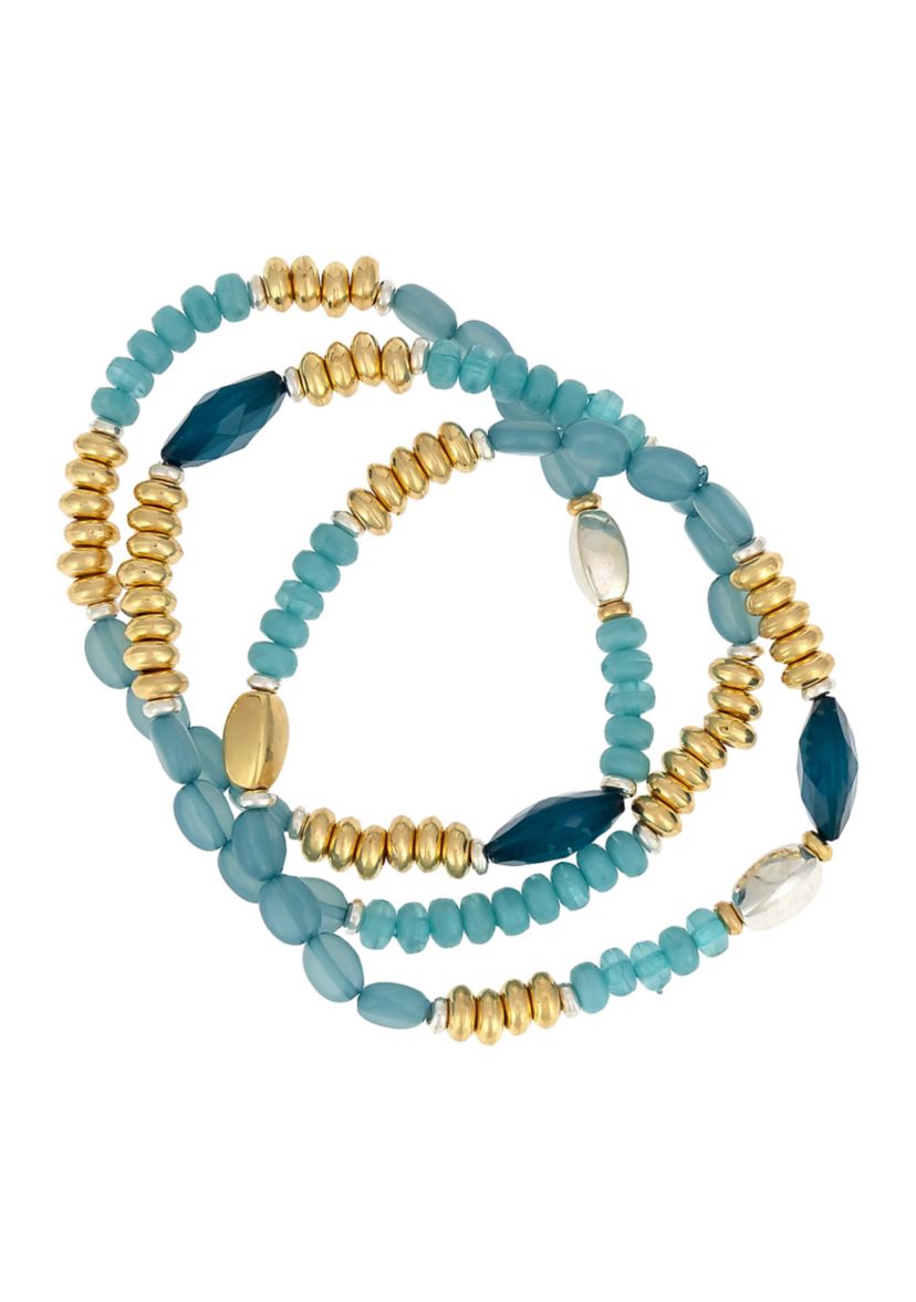 Wonderly Two Tone 3 Row Teal Multi Beaded Stretch Bracelet Set | Belk