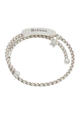 Wonderly Lab Created Silver Tone Believe Bar Charm Leather Adjustable ...
