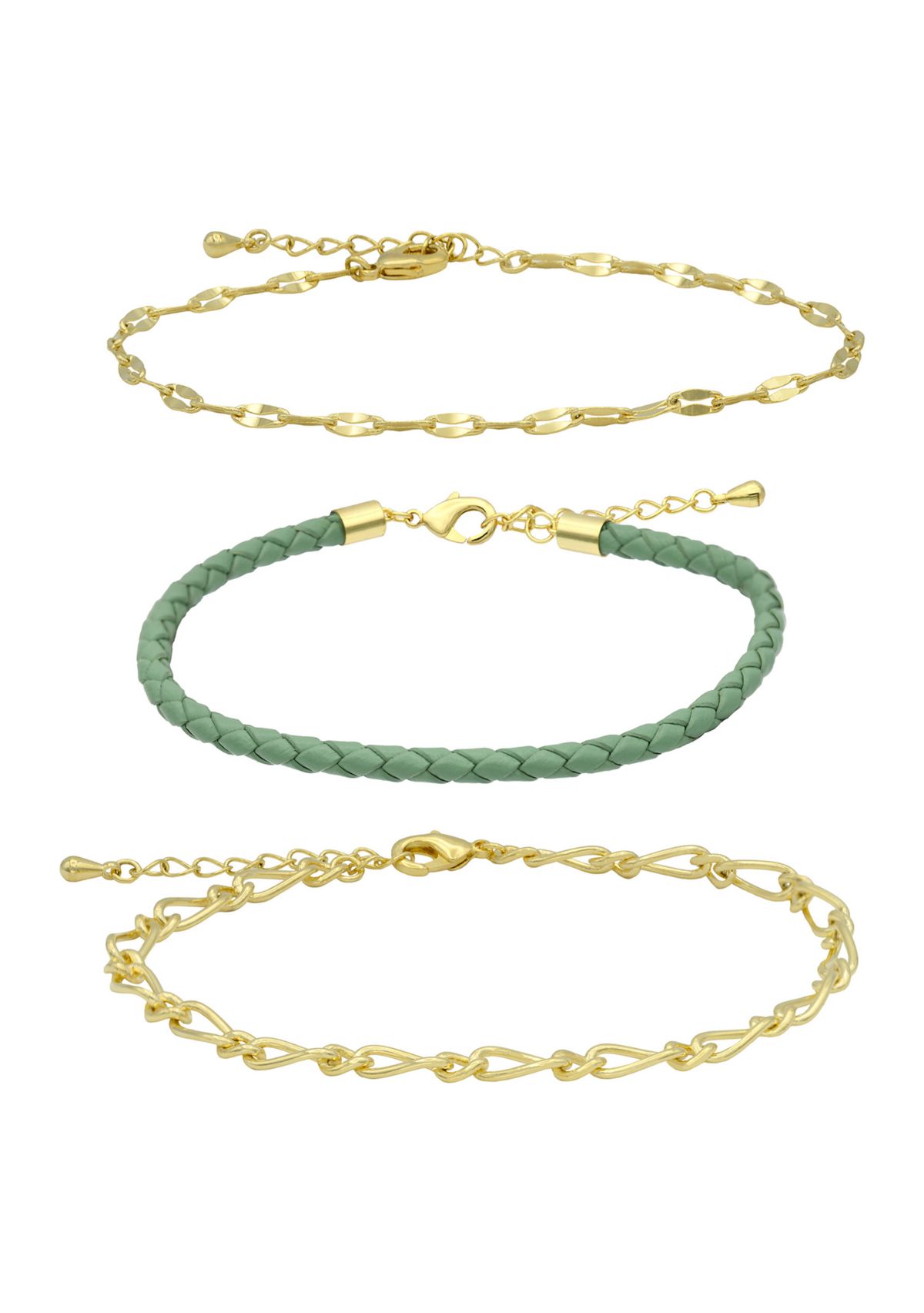 Wonderly Gold Tone Chains and Green Leather Bracelet Trio Set | Belk