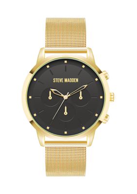 Steve Madden Minimalist Black and Gold Tone Stainless Steel Mesh Watch ...