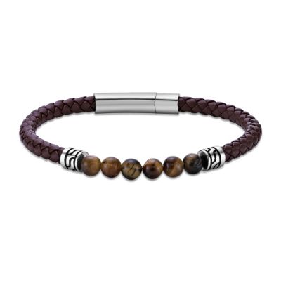 LYNX Tiger Eye Beaded & Black Leather Bracelet Stainless Steel 8.5" | Belk