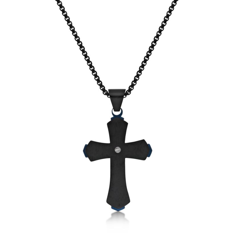 LYNX Flared Cross Pendant in Stainless Steel with Black and Blue Ion ...