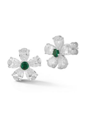 Rachel Zoe Sterling Silver Green and White Cubic Zirconia Flower Studs ...