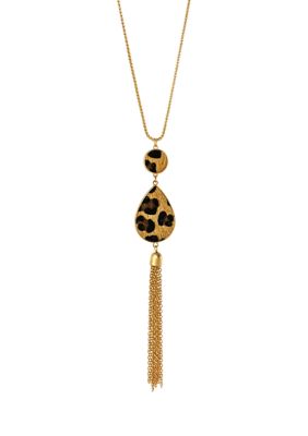 Belk Gold Tone Leopard Print Double Teardrop Necklace with Chain Tassel ...