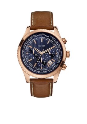 GUESS® Men's Rose Gold-Tone Chronograph With Blue Dial And Honey Brown ...
