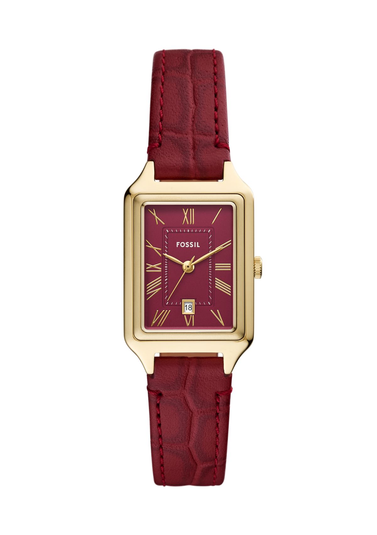 Fossil® Gold Tone Red Leather Band Rectangle Watch | Belk
