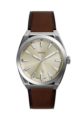 Fossil® Silver Tone Brown Leather Strap Watch | belk