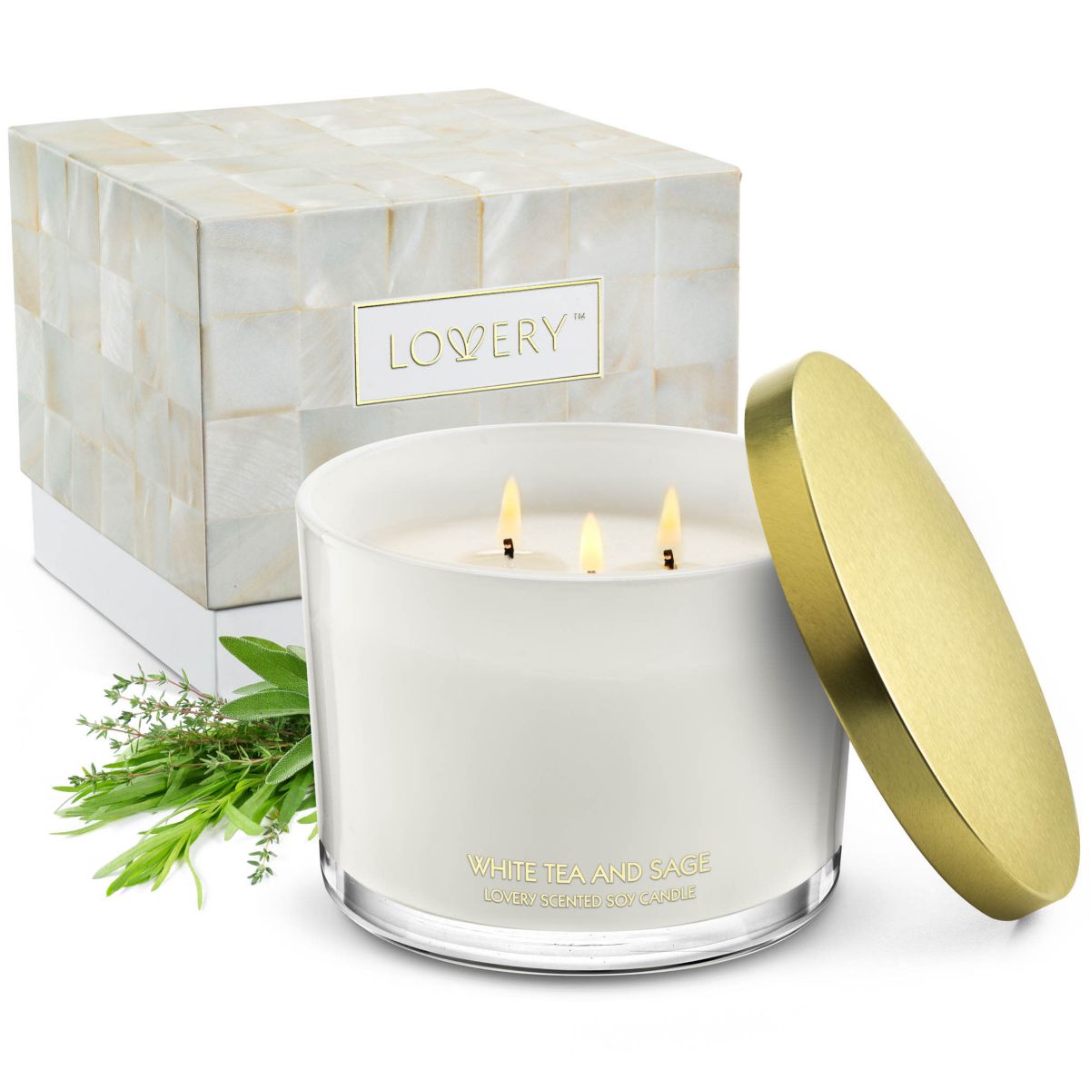 Lovery Deluxe White Tea & Sage Candle Gift Set, 3 Wick Aromatherapy ...