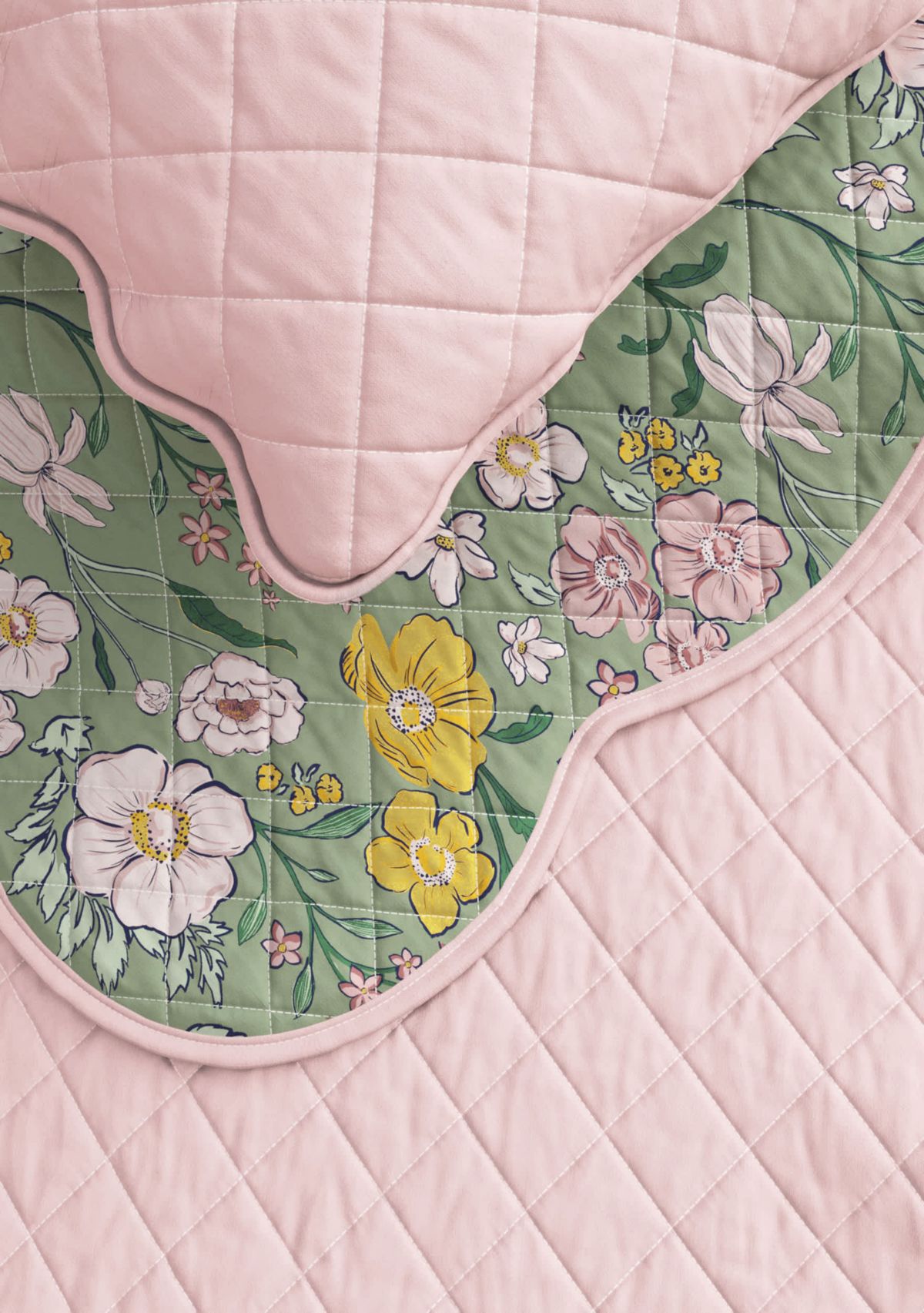 Premium Comforts Pink / Green Floral Scalloped Quilt Set | Belk