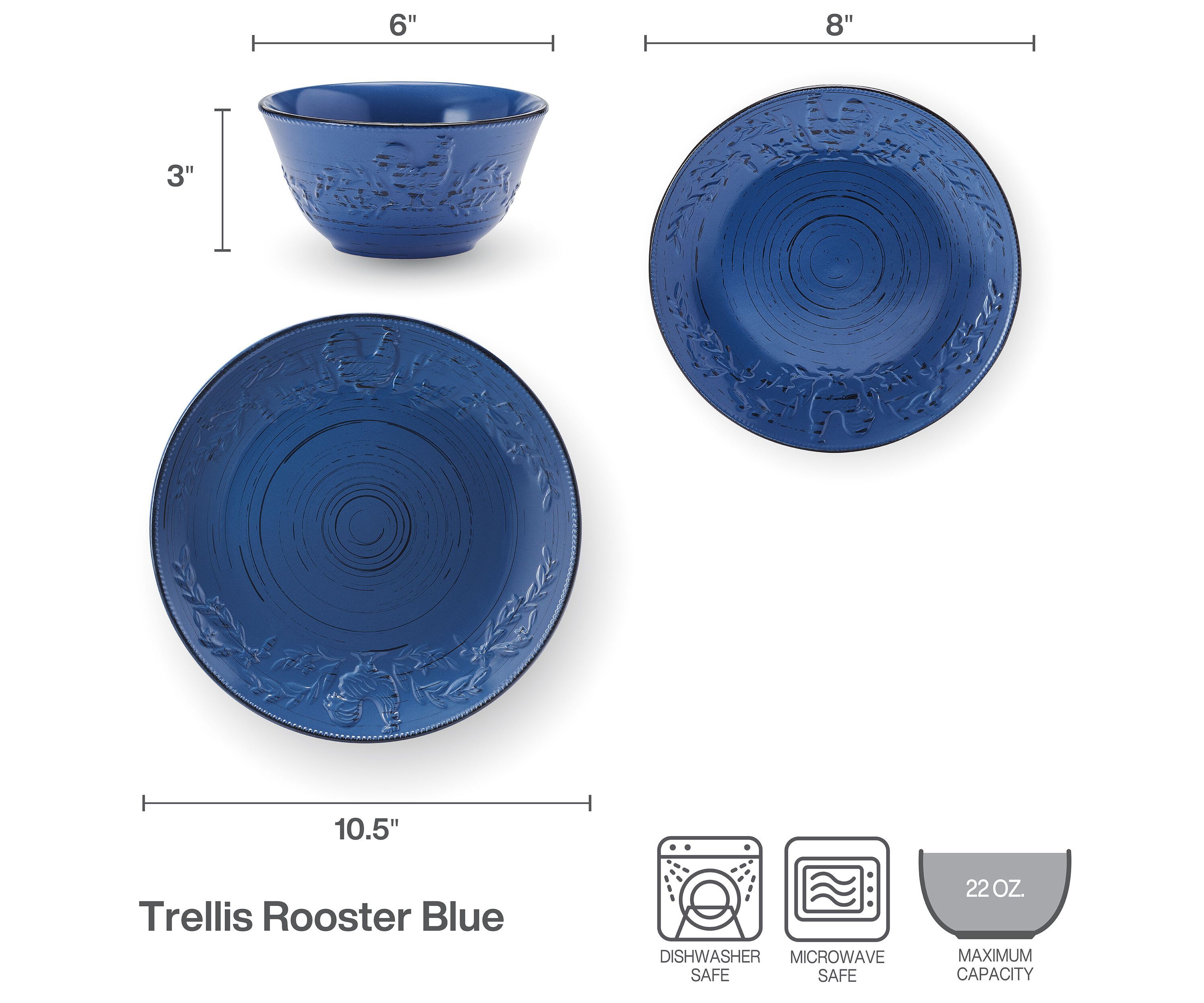 Pfaltzgraff Trellis Rooster Blue 12 Piece Plate Bowl Dinnerware Set ...