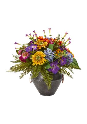Nearly Natural Assorted Flowers Arrangement in Metal Bowl | belk
