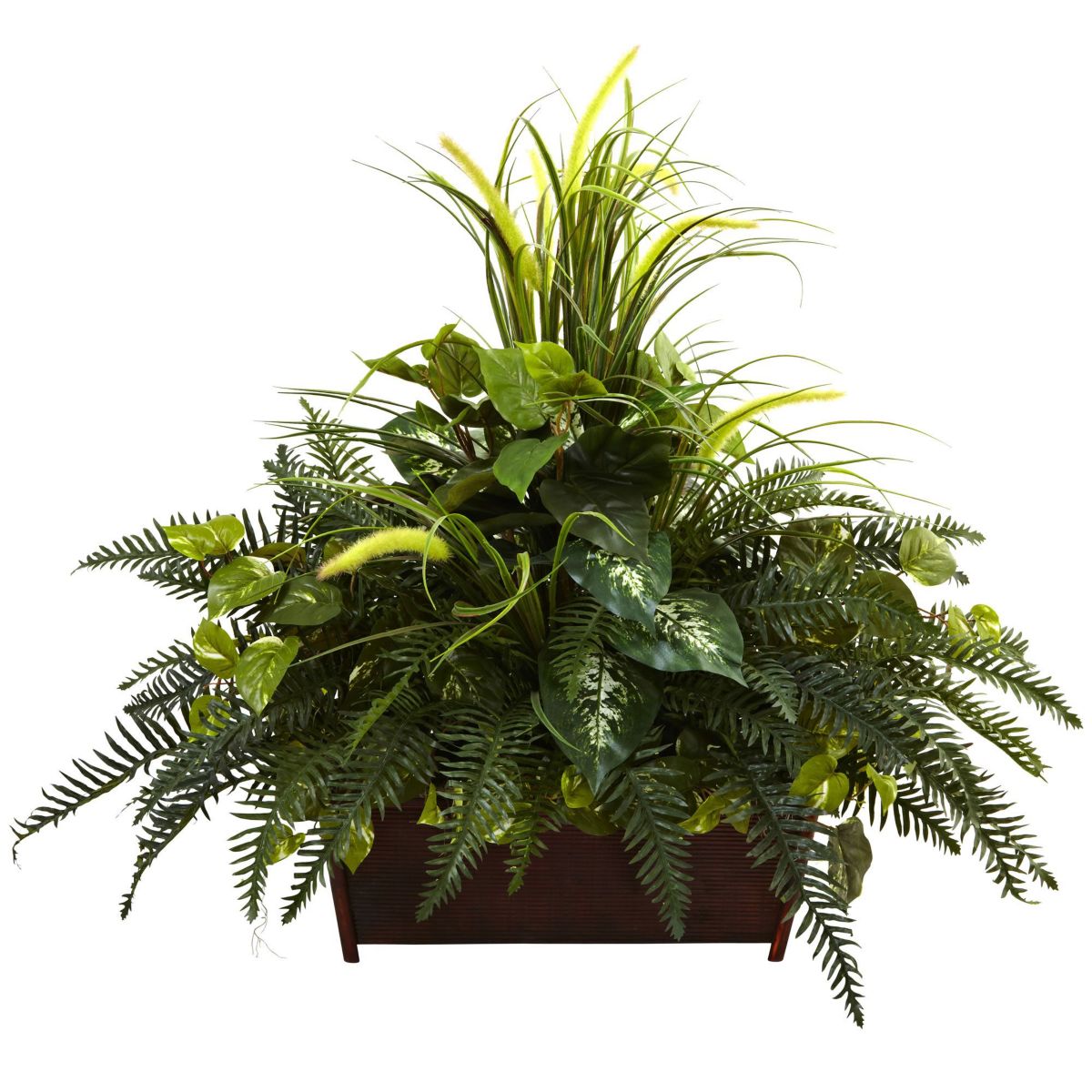 Nearly Natural Mixed Grass and River Fern with Wood Planter | Belk