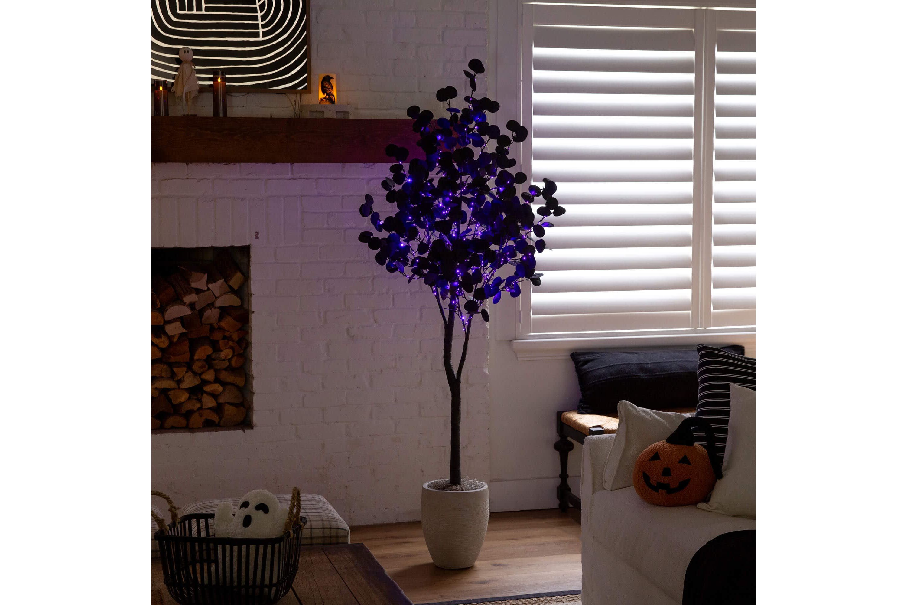 Nearly Natural 6-Foot Pre-Lit Artificial Halloween Black Eucalyptus ...