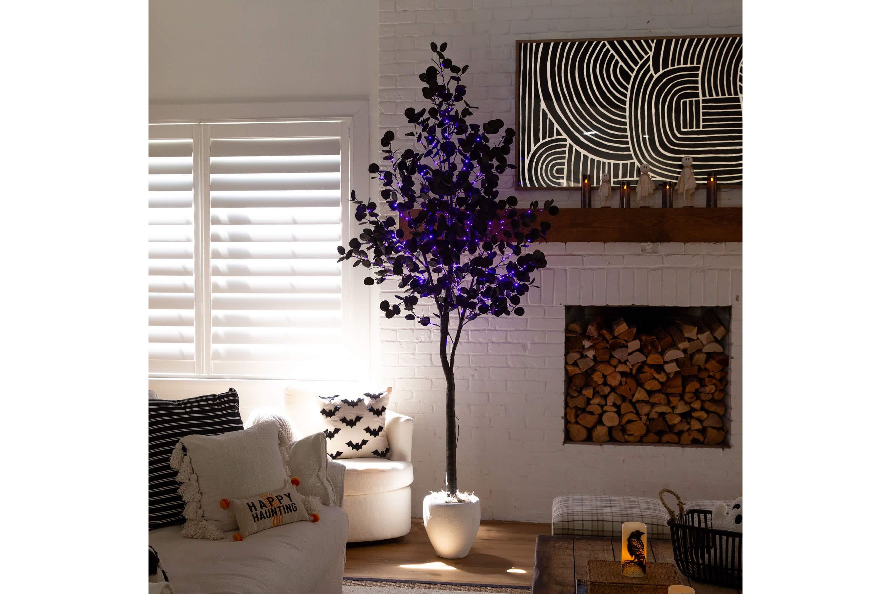 Nearly Natural 8-Foot Pre-Lit Artificial Halloween Black Eucalyptus ...