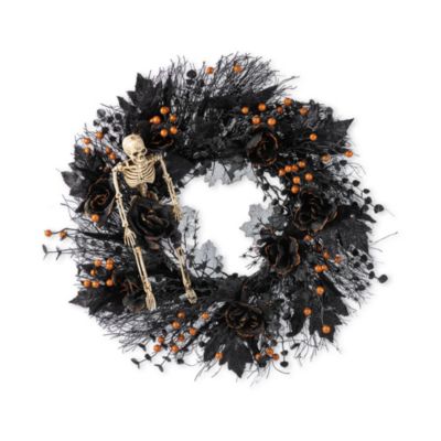 Glitzhome 24"D Halloween Black Rose, Skeleton and Berry Wreath Includes ...