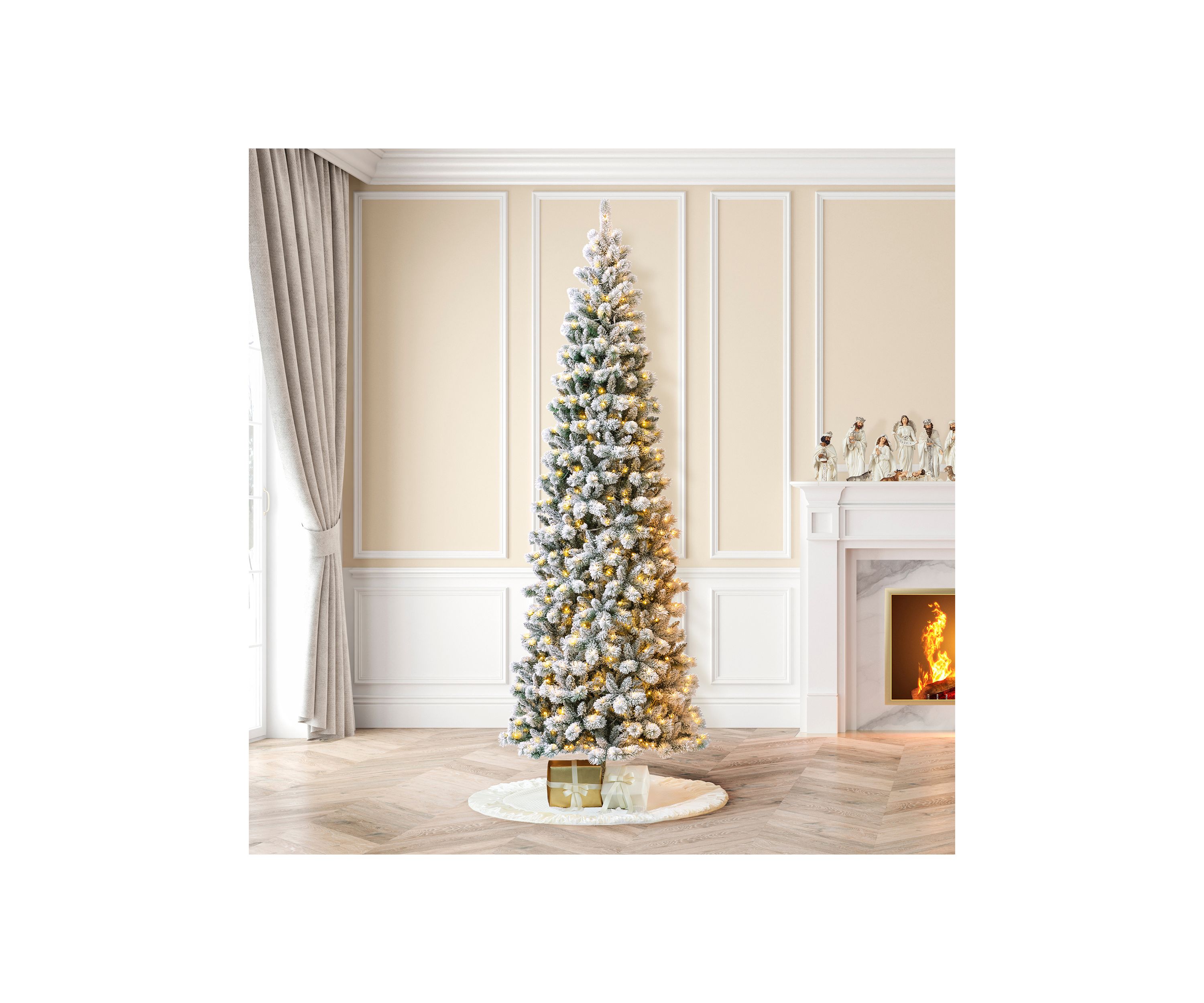 Glitzhome 11-foot Pre-Lit Flocked Pencil Green Pine Artificial ...