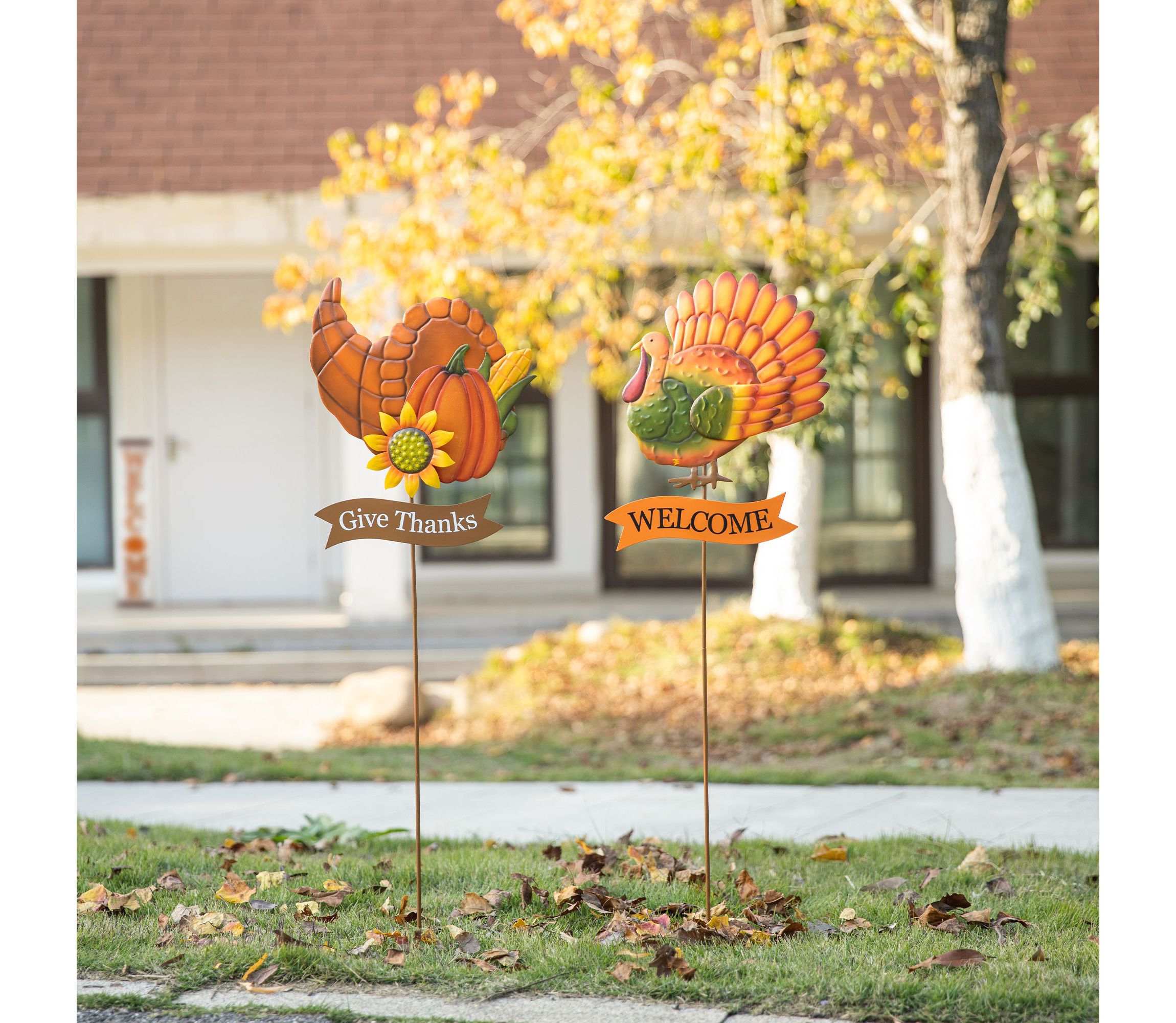 Glitzhome 36.25"H Set of 2 Thanksgiving Metal Turkey and Croissant Yard ...