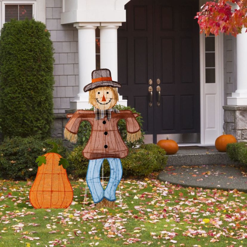 Glitzhome Set of 2 Lighted Fall 2.5D Scarecrow & Pumpkin Outdoor Décor ...