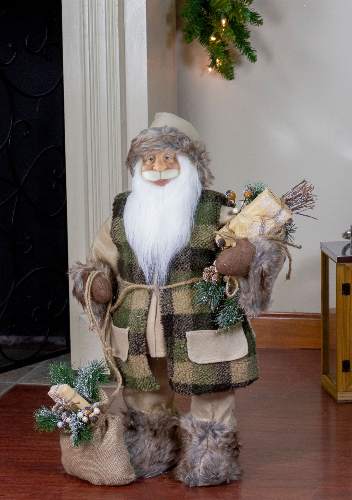 Northlight 24Inch Brown Standing Santa Claus in Plaid Suit with Gifts ...