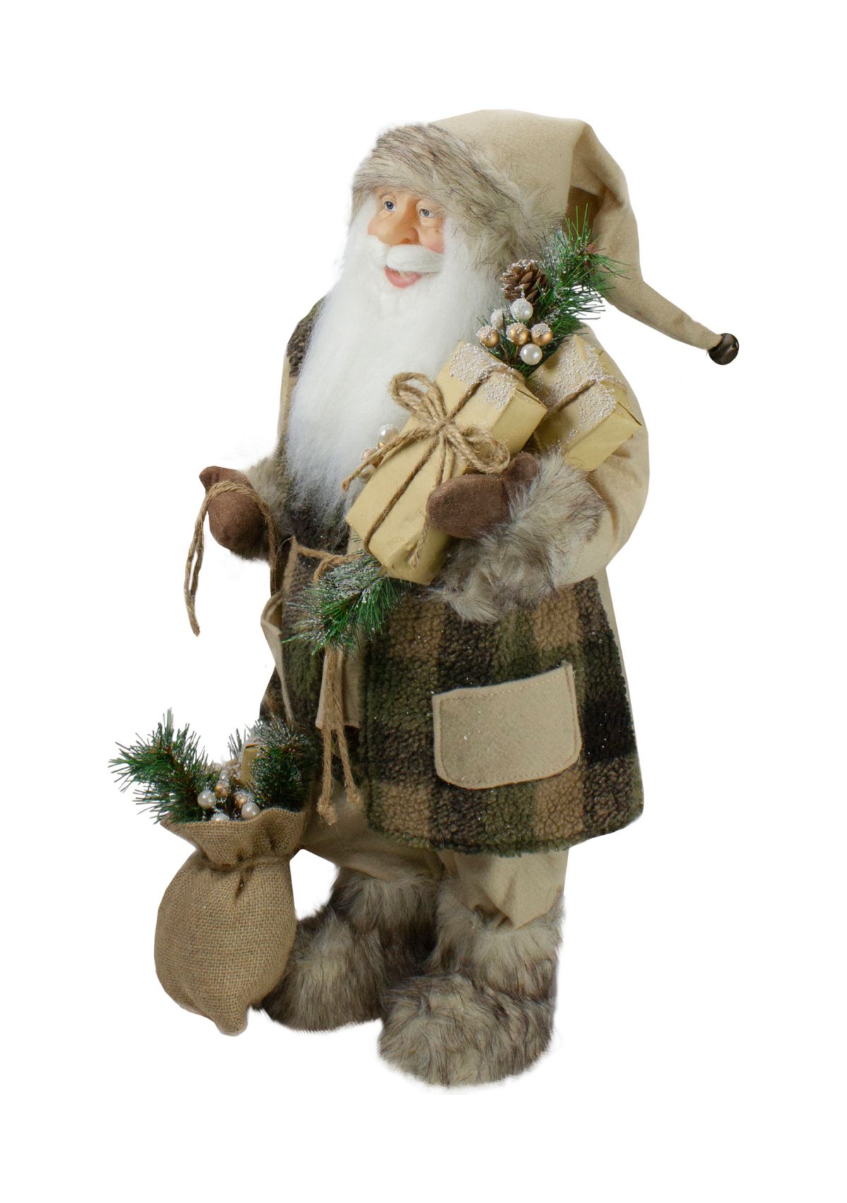 Northlight 24Inch Brown Standing Santa Claus in Plaid Suit with Gifts ...