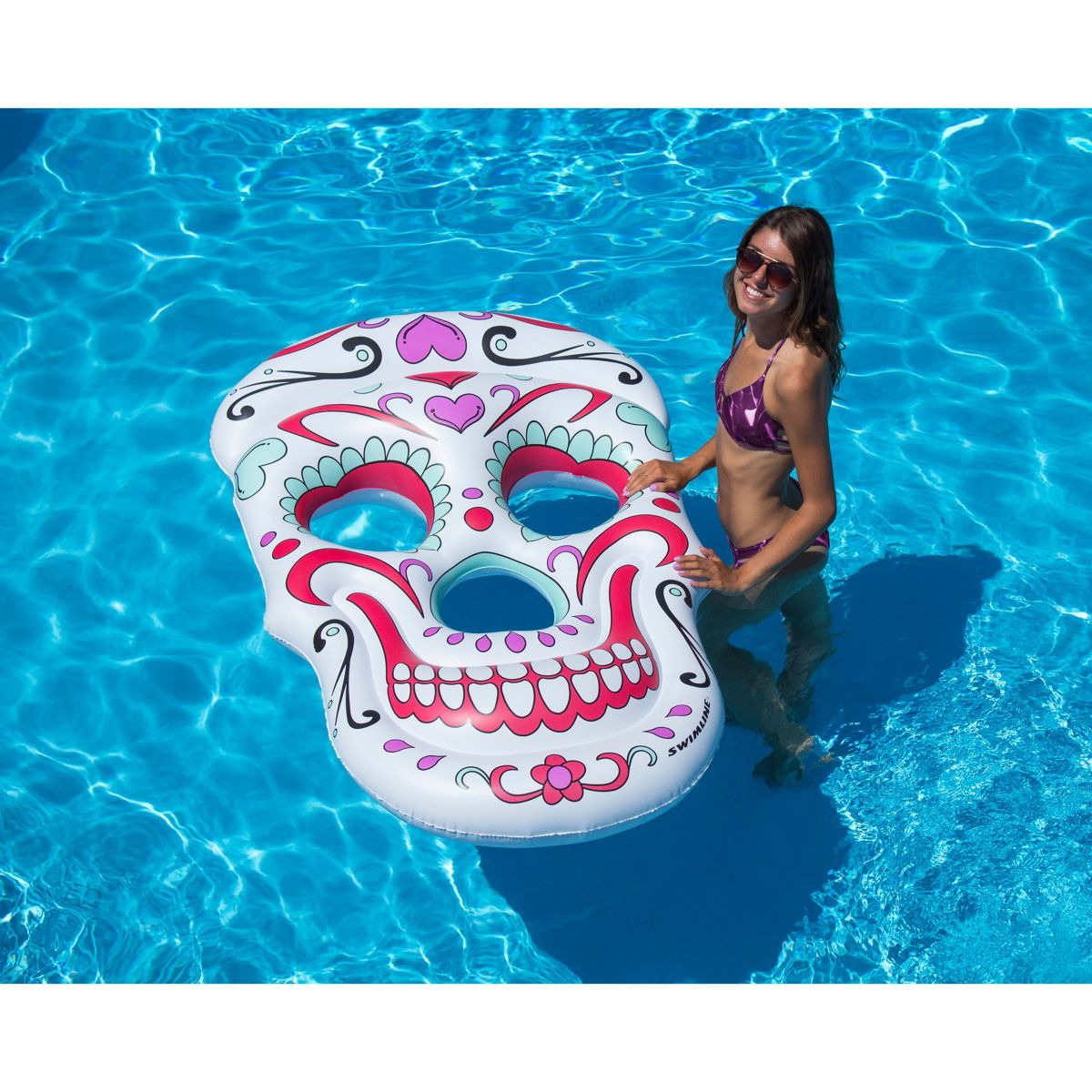 Swim Central Inflatable White and Pink Sugar Skull Swimming Pool Float ...