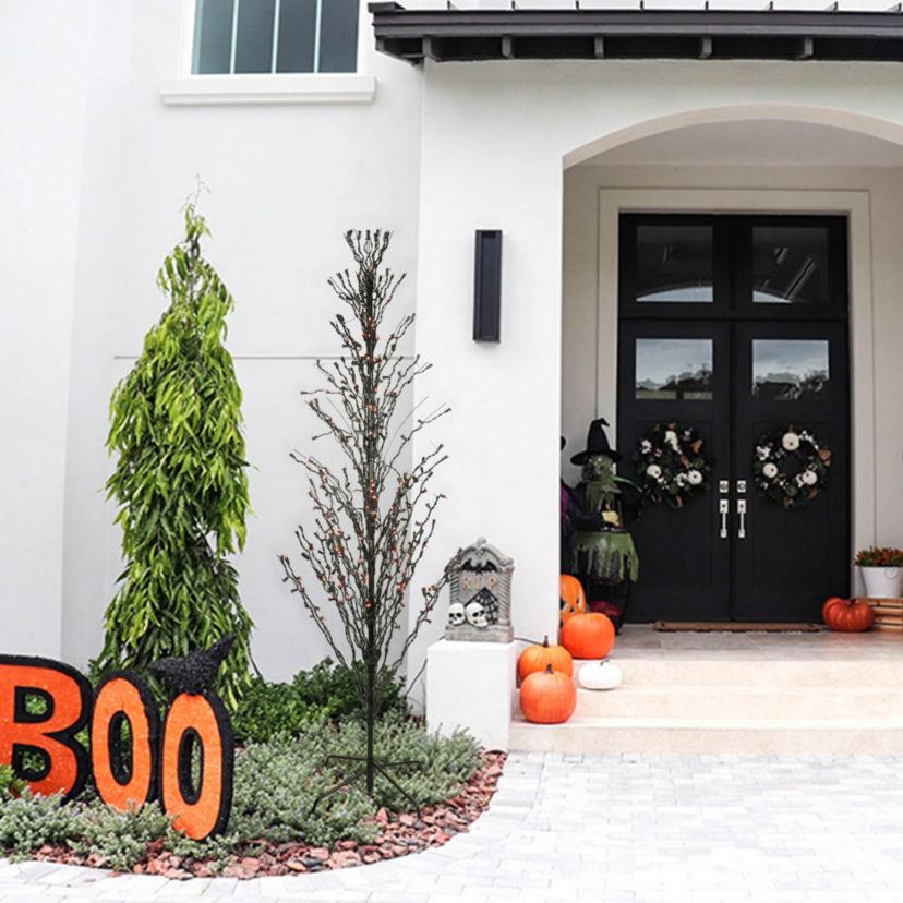 Northlight 6' Pre-Lit Black Cascade Outdoor Halloween Twig Tree Orange ...