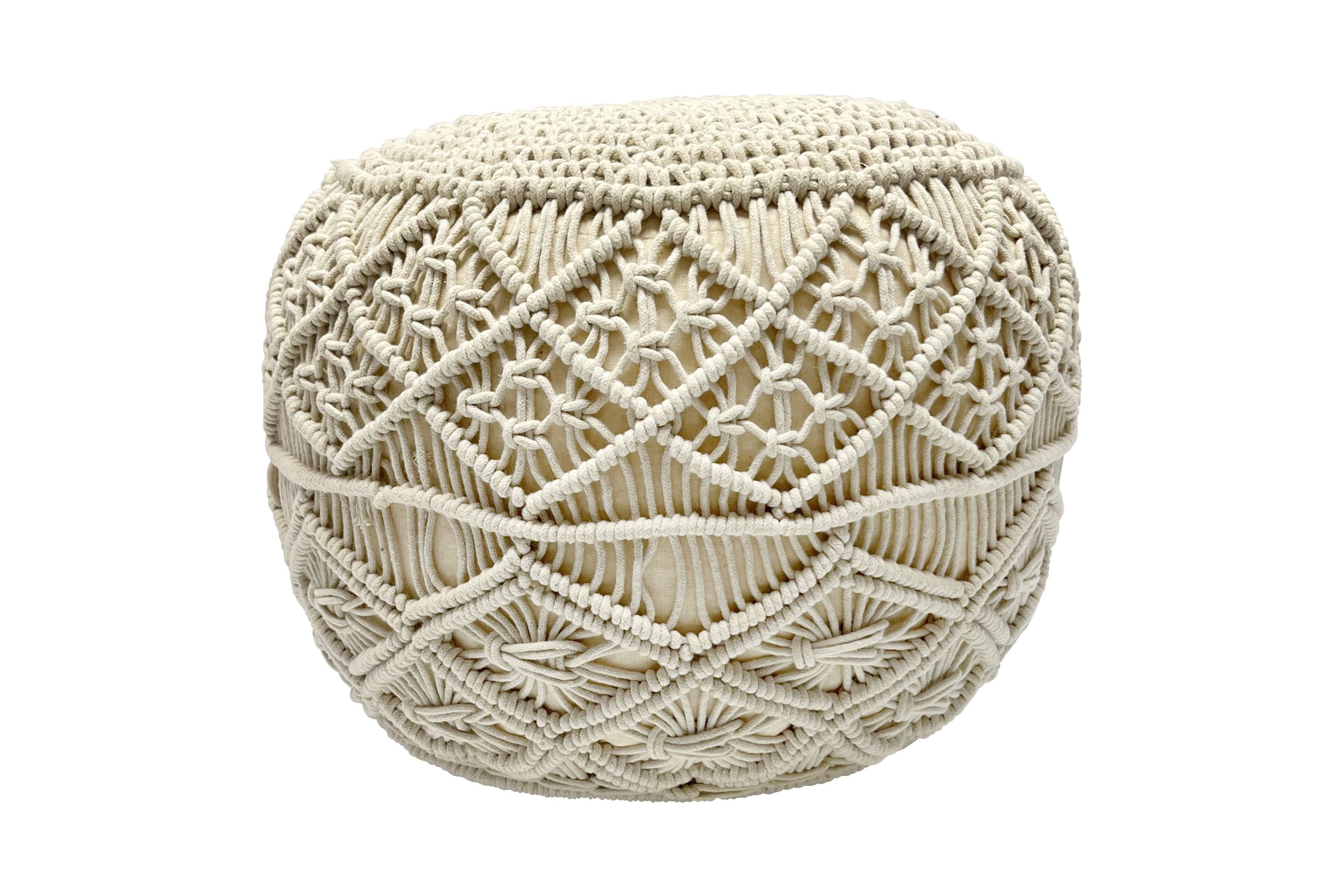 Northlight 18" Solid Cream Macrame Round Handmade Natural Cotton Pouf ...