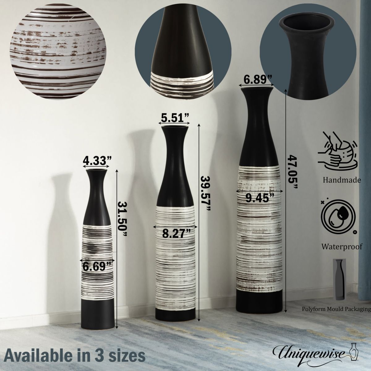Uniquewise Handcrafted Black and White Waterproof Ceramic Floor Vase ...