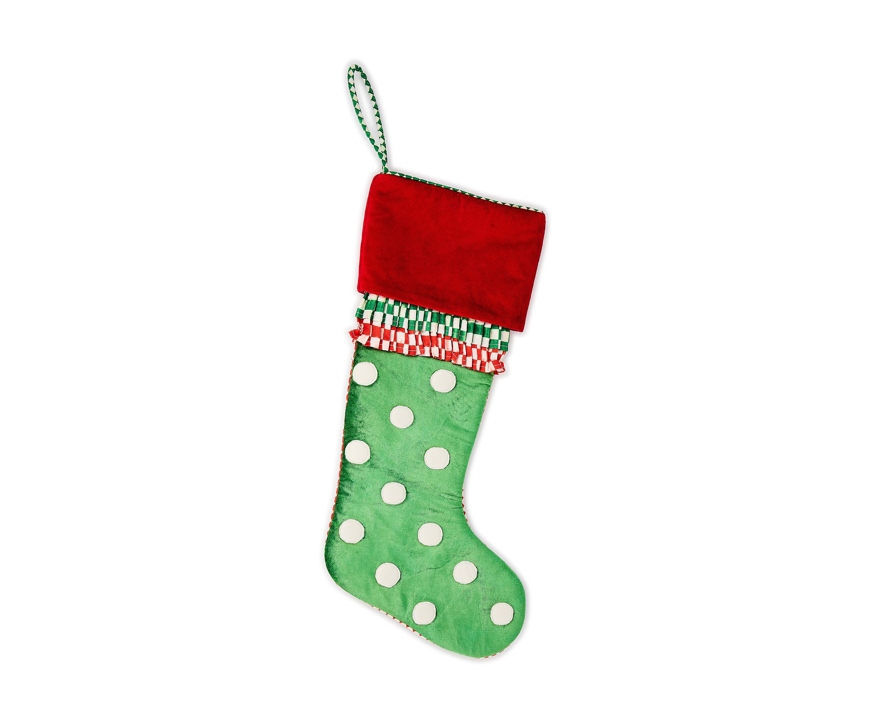 MacKenzie-Childs Check It Out Green and White Polka Dot Stocking | Belk