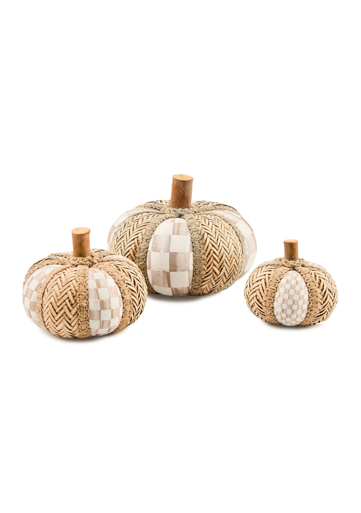 MacKenzie-Childs Set of 3 Mocha Check Rattan Pumpkins | Belk