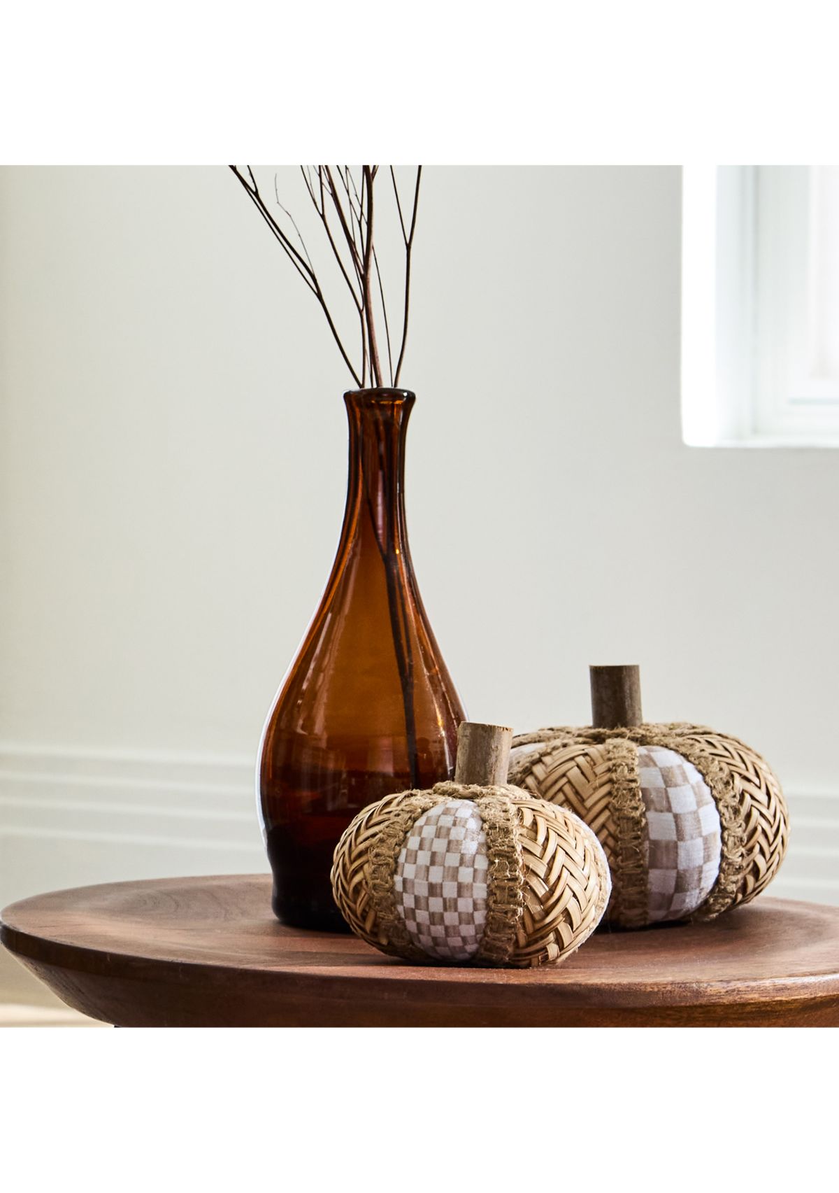 MacKenzie-Childs Set of 3 Mocha Check Rattan Pumpkins | Belk