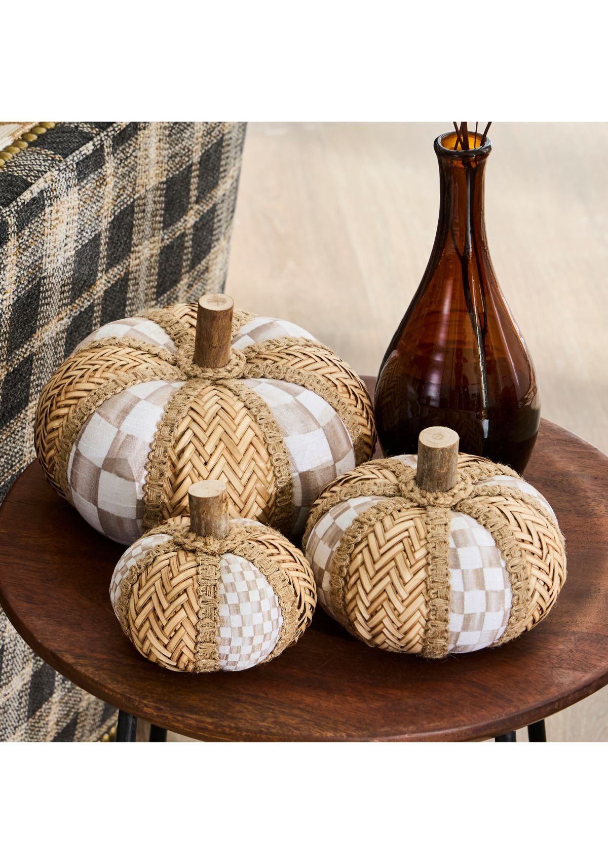 MacKenzie-Childs Set of 3 Mocha Check Rattan Pumpkins | Belk