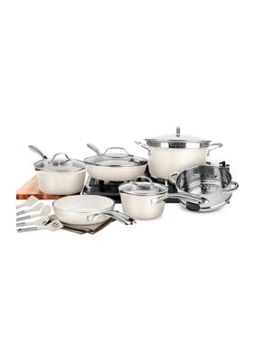 Gotham Steel 15 Piece Hammered Cream Cookware Set | belk