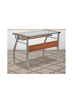 Belnick Glass Computer Desk with Pull-Out Keyboard Tray and Bowed Front ...