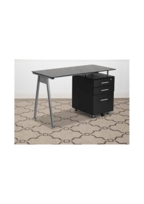 Belnick Black Glass Computer Desk with Three Drawer Pedestal | belk