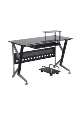 Belnick Black Glass Computer Desk with Pull-Out Keyboard Tray and CPU ...