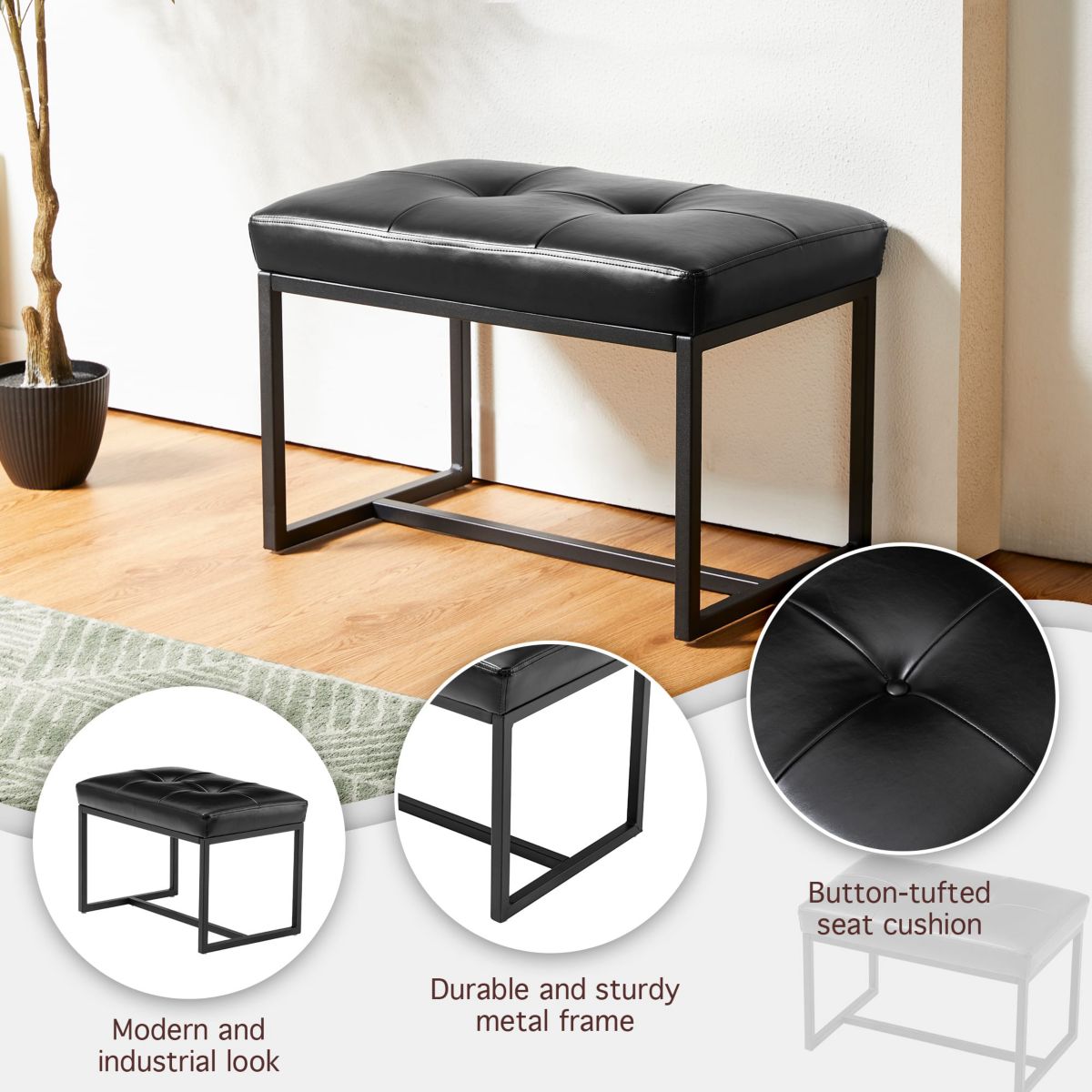 Glitzhome Set of 2 Modern Black Thick Leatherette Accent Stool | Belk