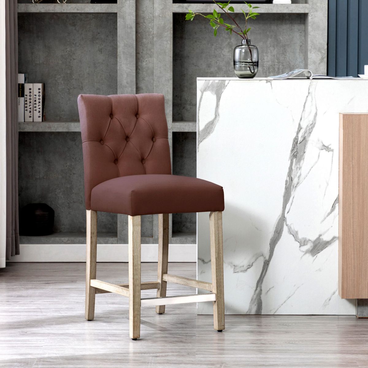 Westin Furniture 24" Linen Fabric Tufted Upholstered Bar Stool | Belk